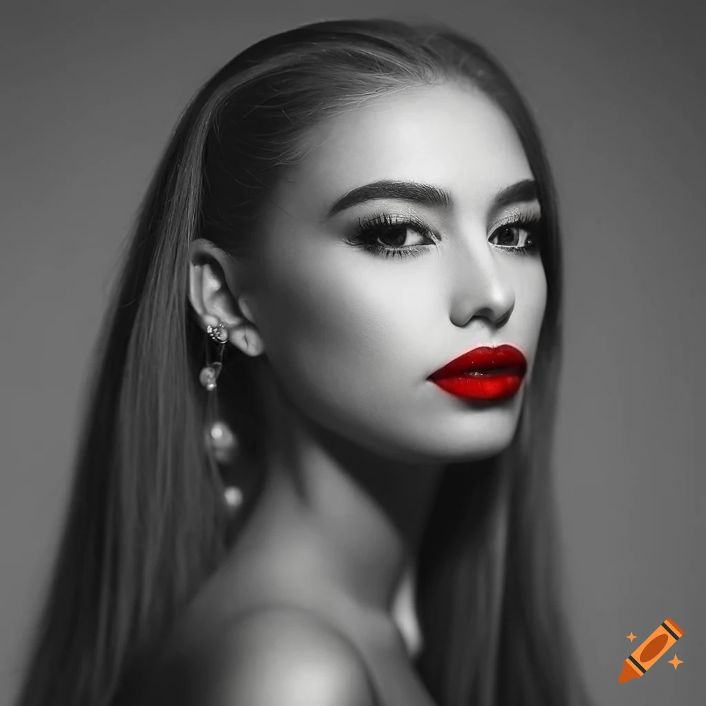 Captivating black and white portrait of a woman with red lips on Craiyon