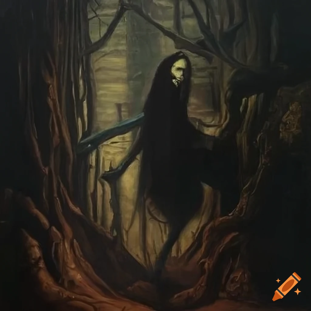 Dark oil painting of a witch levitating above a cabin on Craiyon