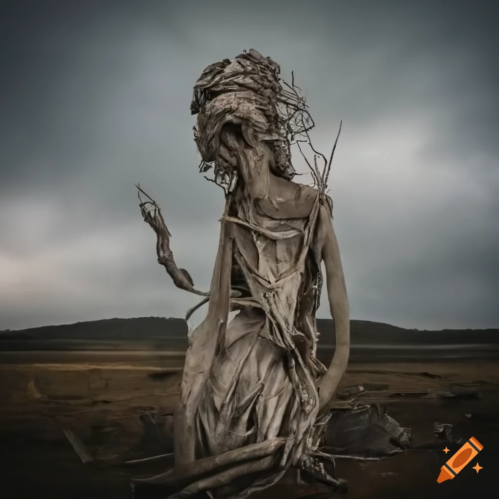 Close-up of a distorted figure caught in a web sculpture on Craiyon