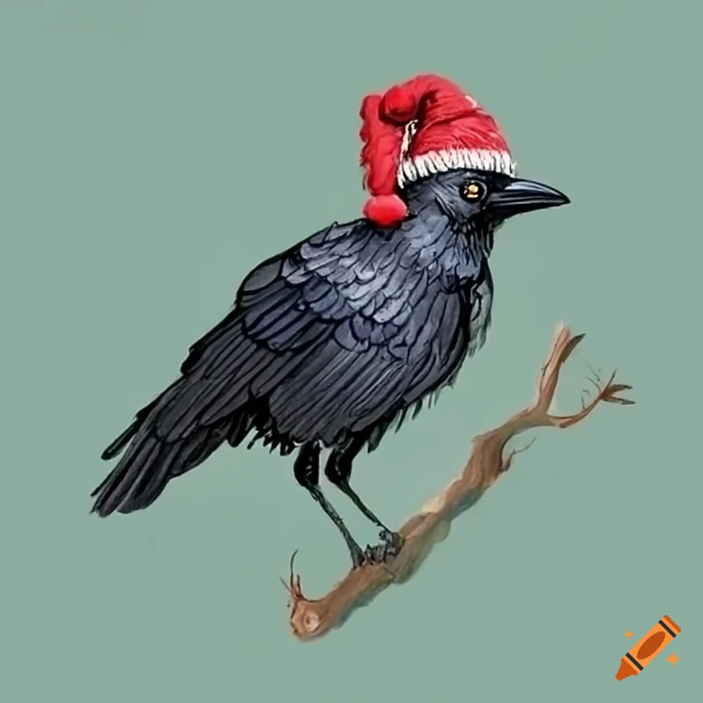 Festive crow wearing a knit cap perched on a branch on Craiyon