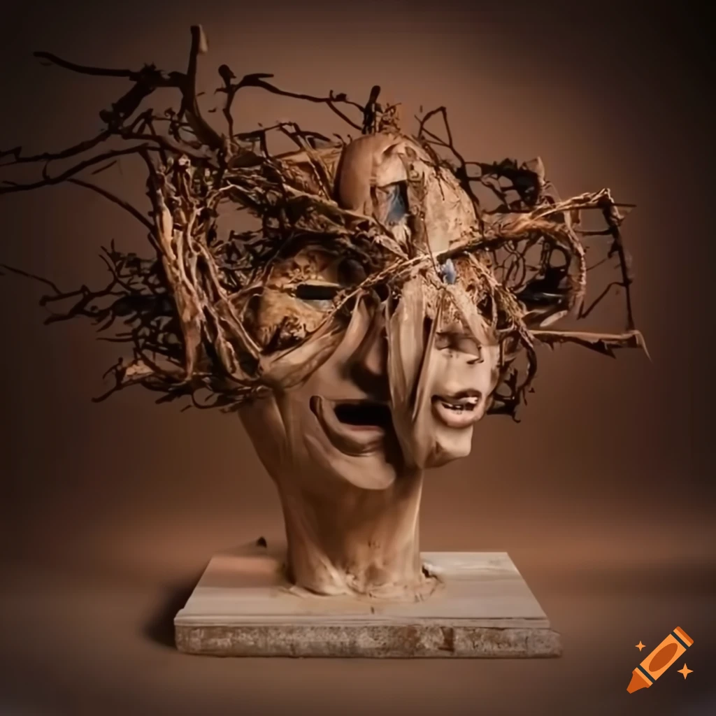 Close-up of a distorted figure caught in a web sculpture on Craiyon