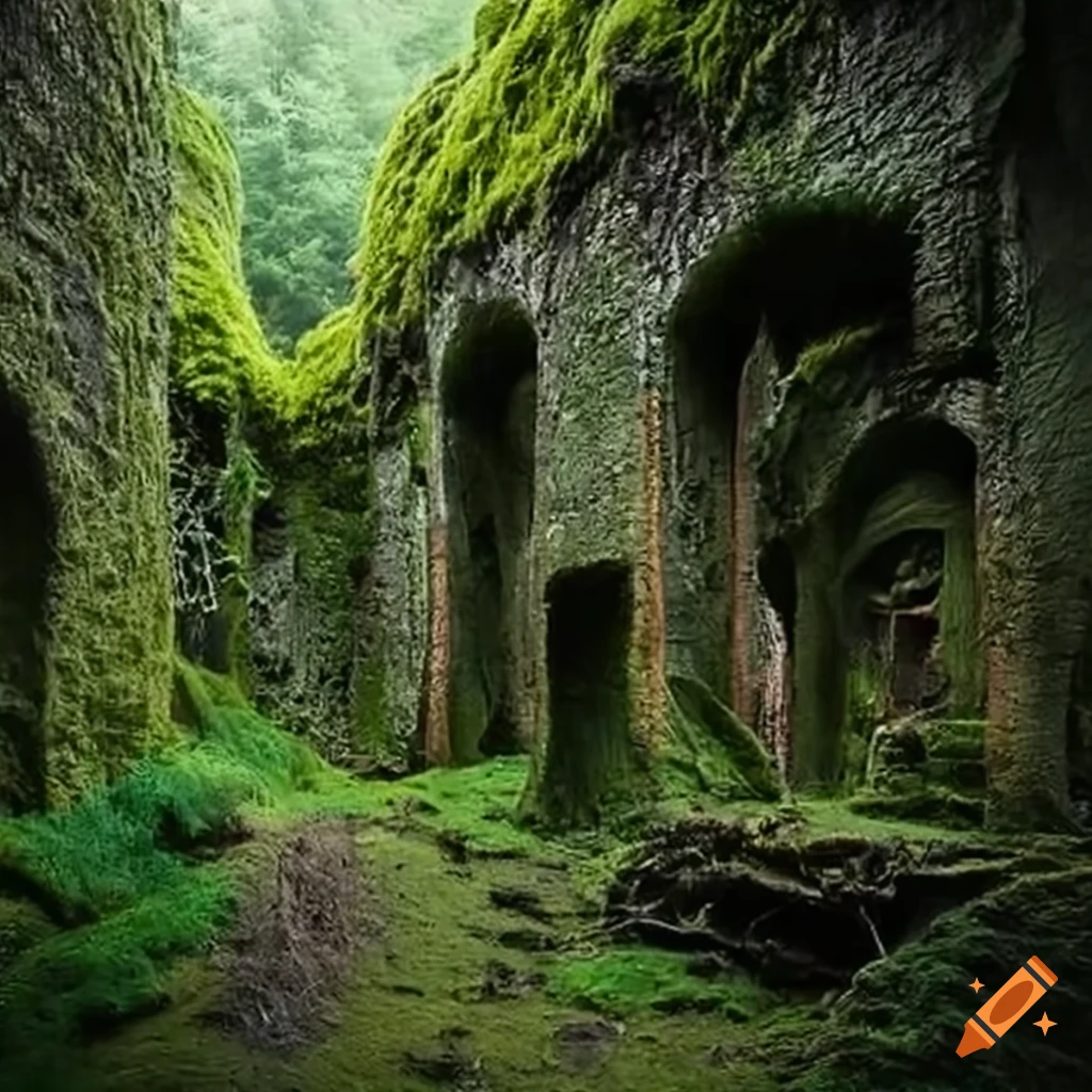 Image of mythical creatures in mossy ruins on Craiyon