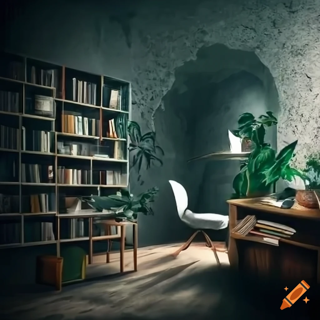 Cozy work office in a stone cave with bookshelves and plants on Craiyon