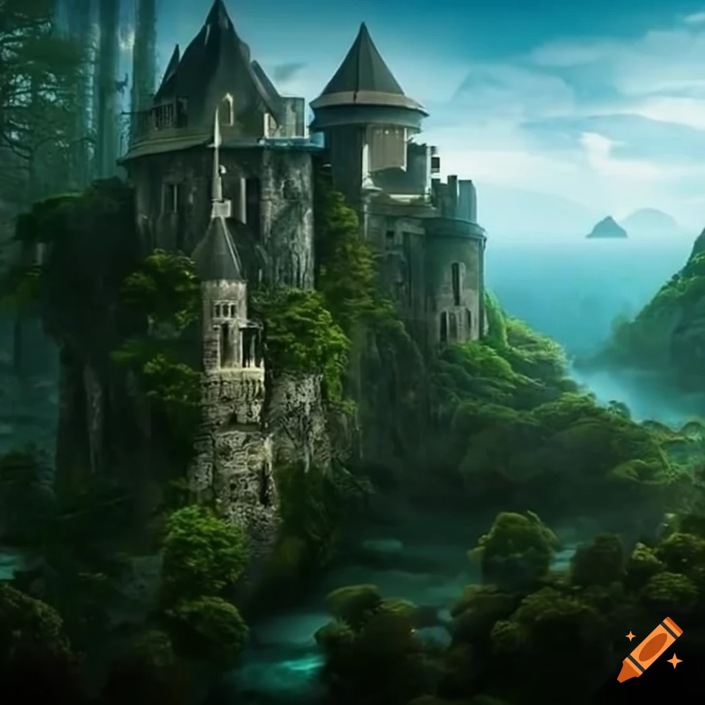Fantasy castle in a dense forest with ocean view on Craiyon