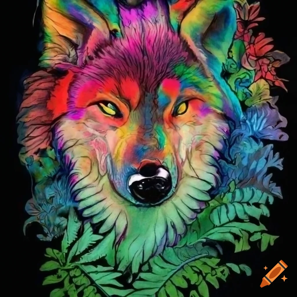 Colorful wolf head tattoo design with flowers on Craiyon