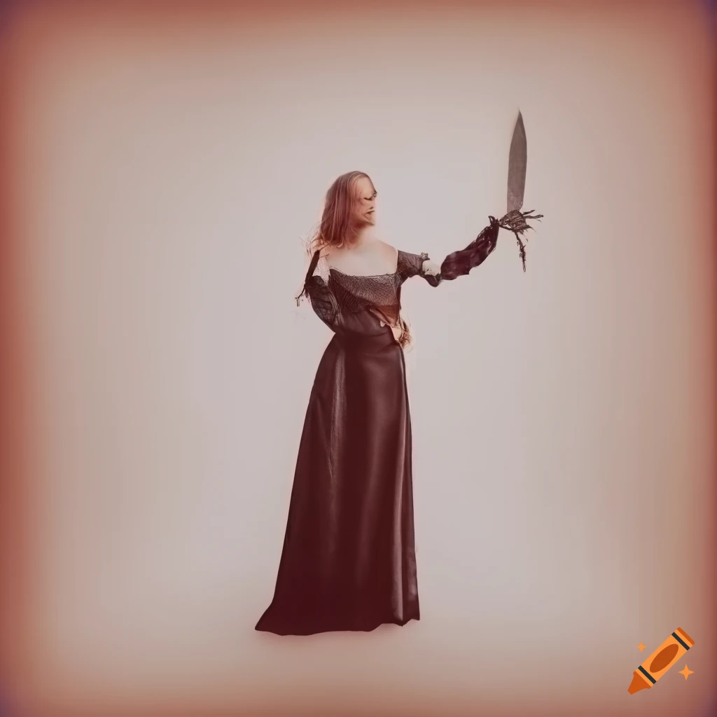 Retro photograph of a woman in medieval attire holding a dagger on Craiyon