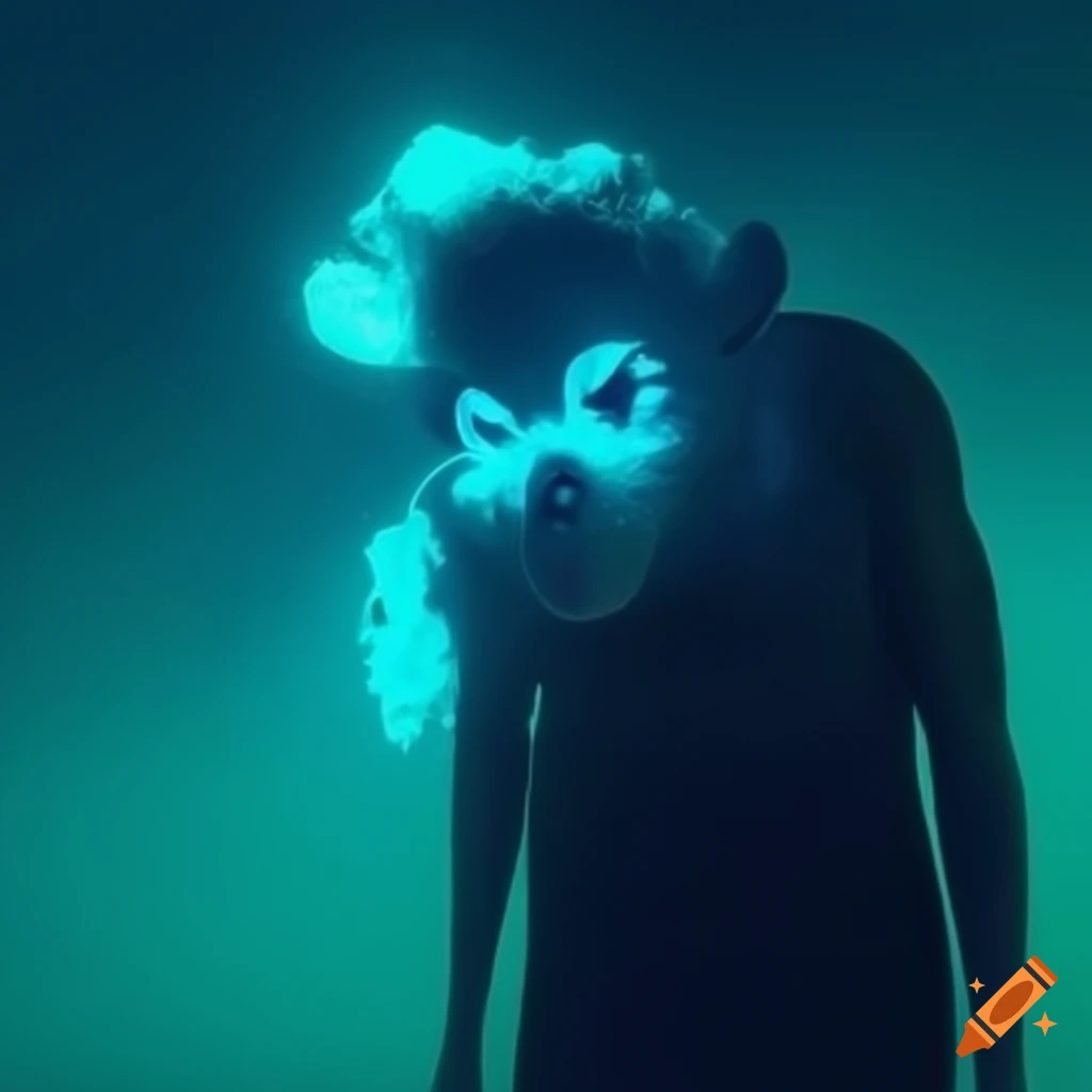 Illustration of a glowing-eyed rat god under a crystalline sea on Craiyon