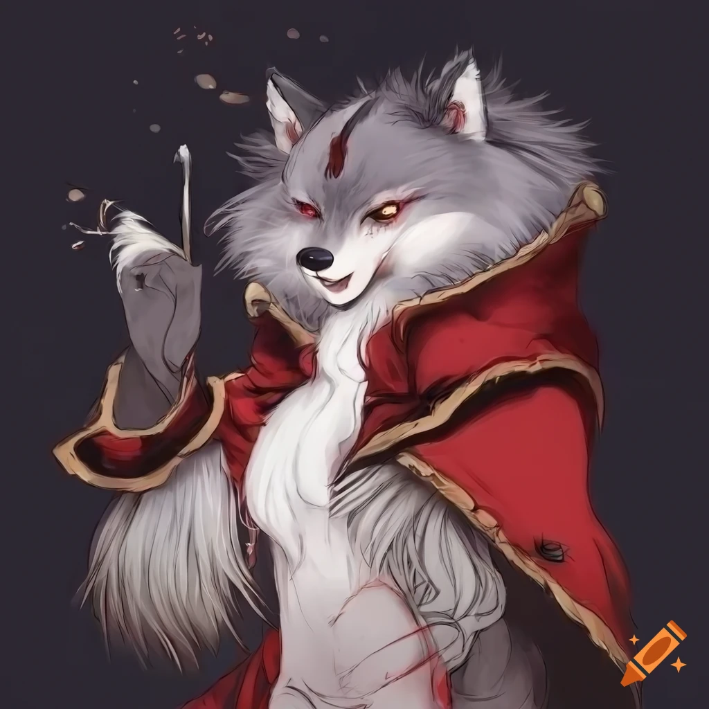 Illustration of a majestic grey wolf in a red mage outfit on Craiyon