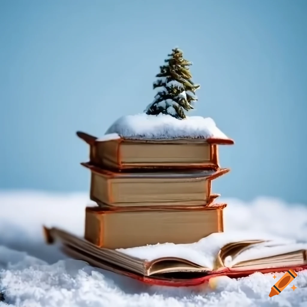 Miniature snowy scene with a tree growing from a book on Craiyon