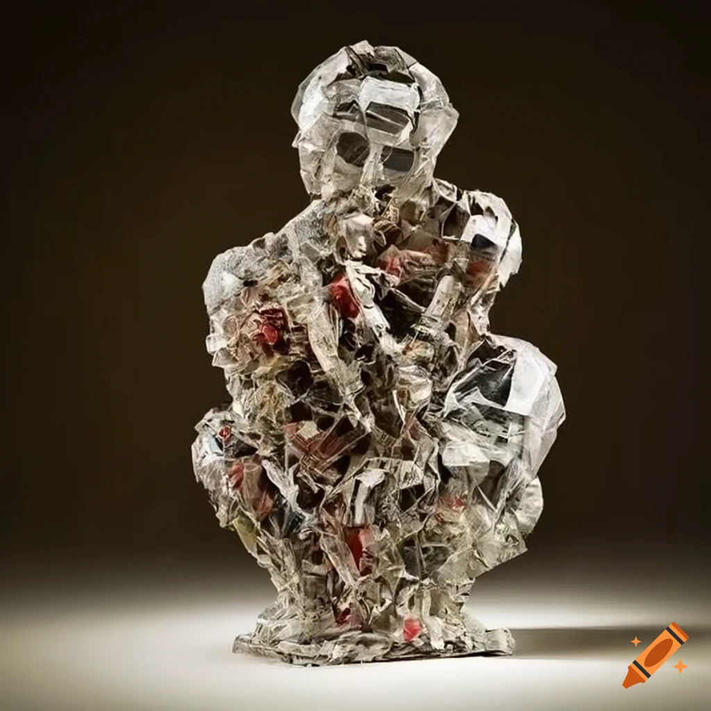 Sculpture of The Thinker made from plastic bags on Craiyon