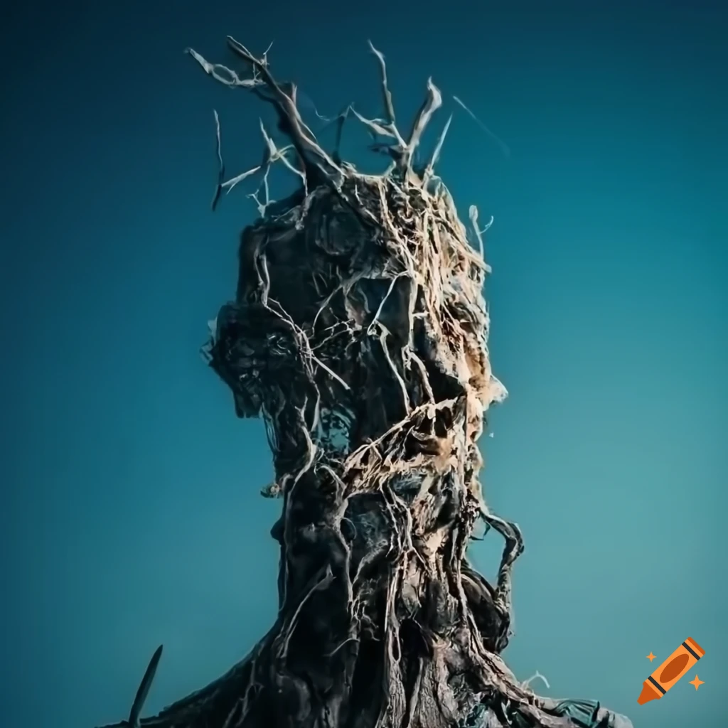 Close-up of a distorted figure caught in a web-like sculpture made of ...