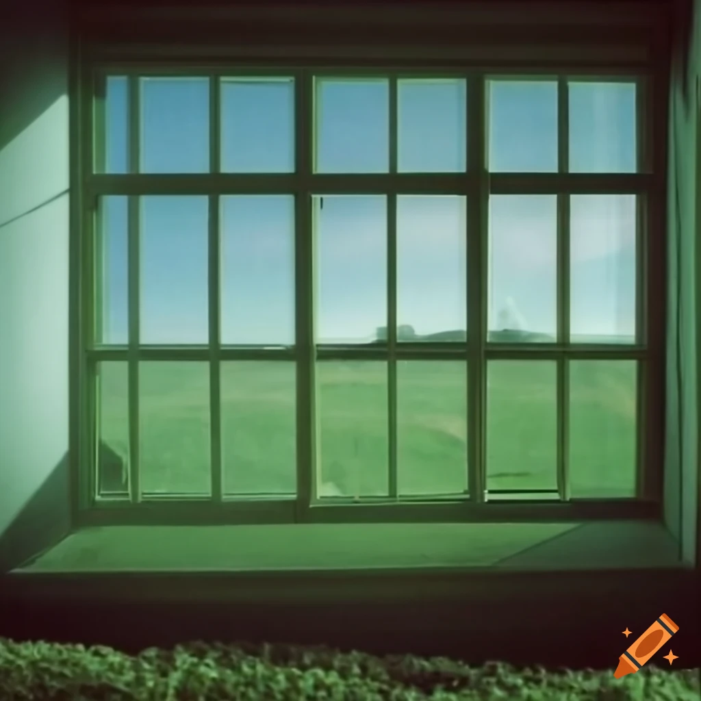 Sunny liminal space with a grass field and big window on Craiyon