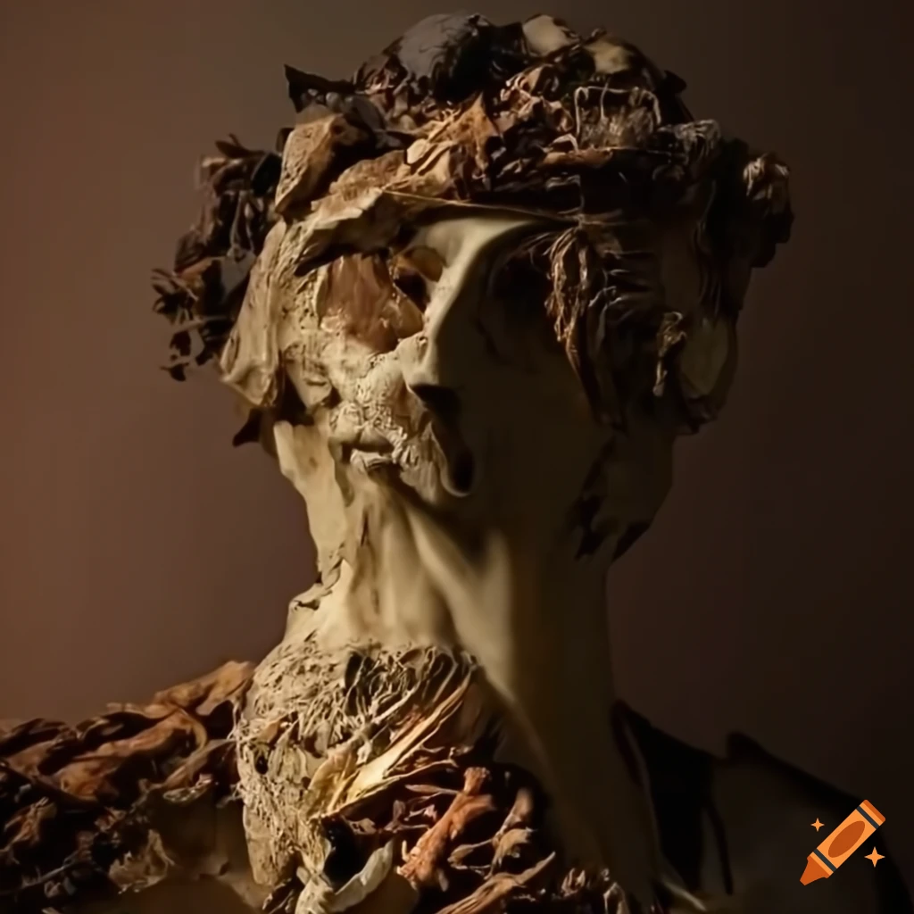 Close-up of a distorted figure caught in a sculpture made of branches ...