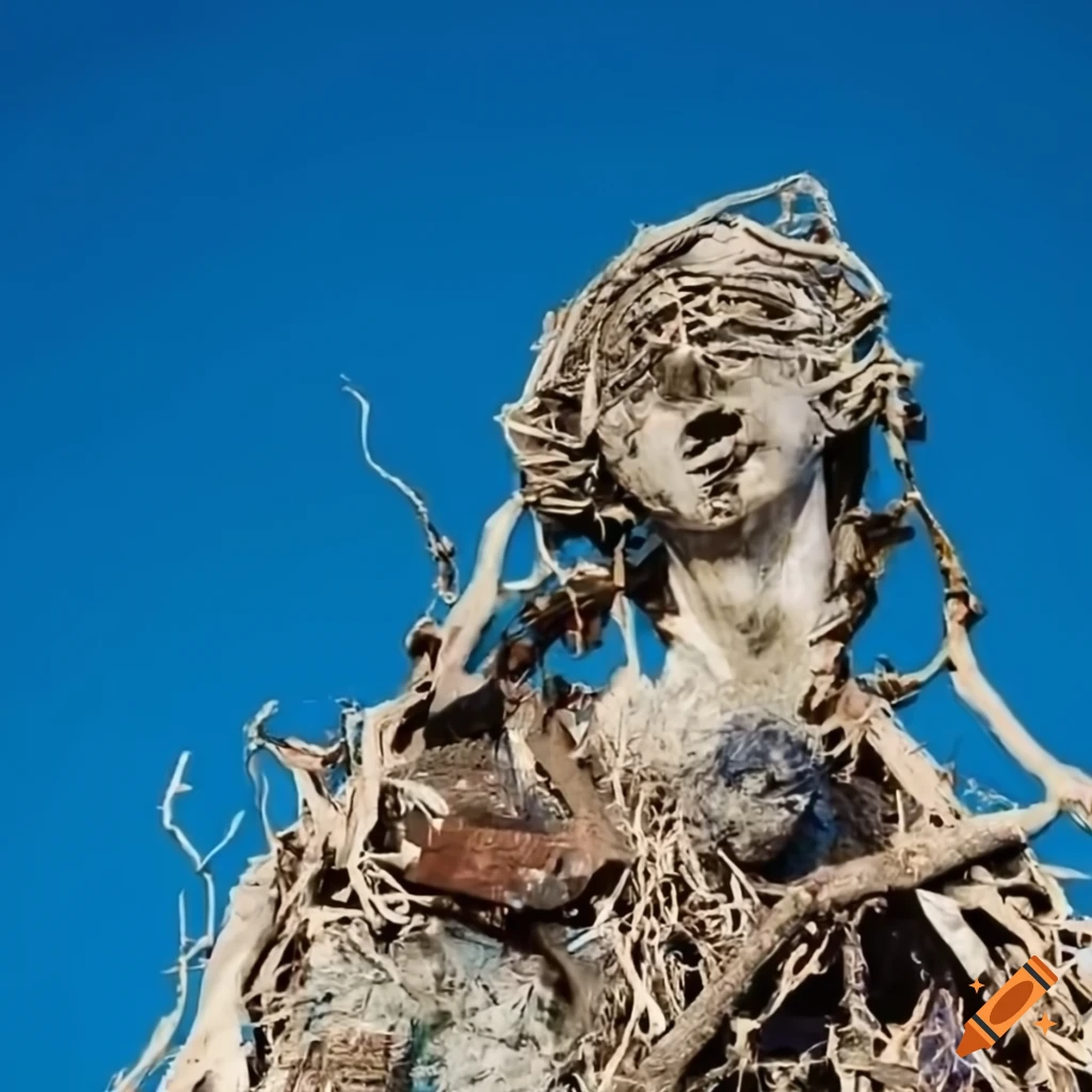 Close-up of a distorted figure caught in a web-like sculpture made of ...