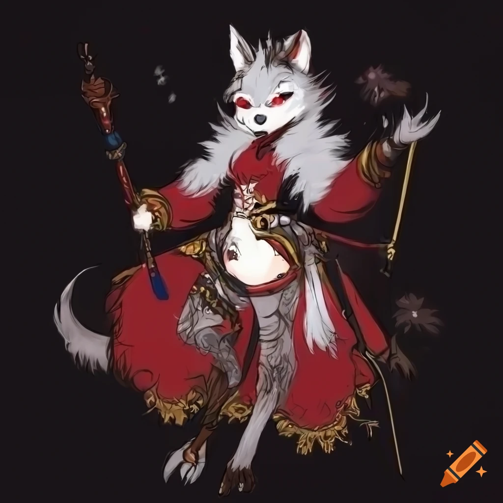Anthropomorphic grey wolf in red mage outfit on Craiyon