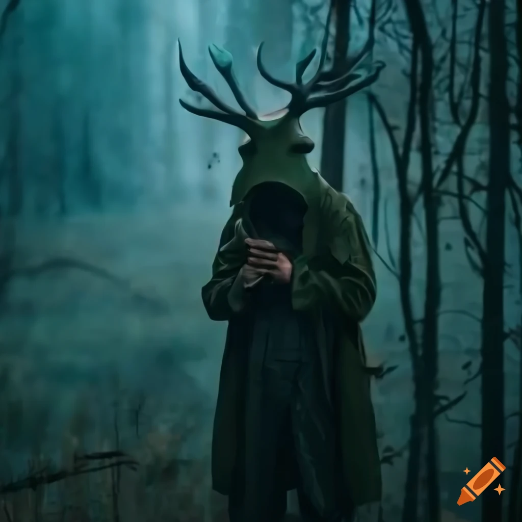 Man wearing a deer mask in the rain in the forest on Craiyon