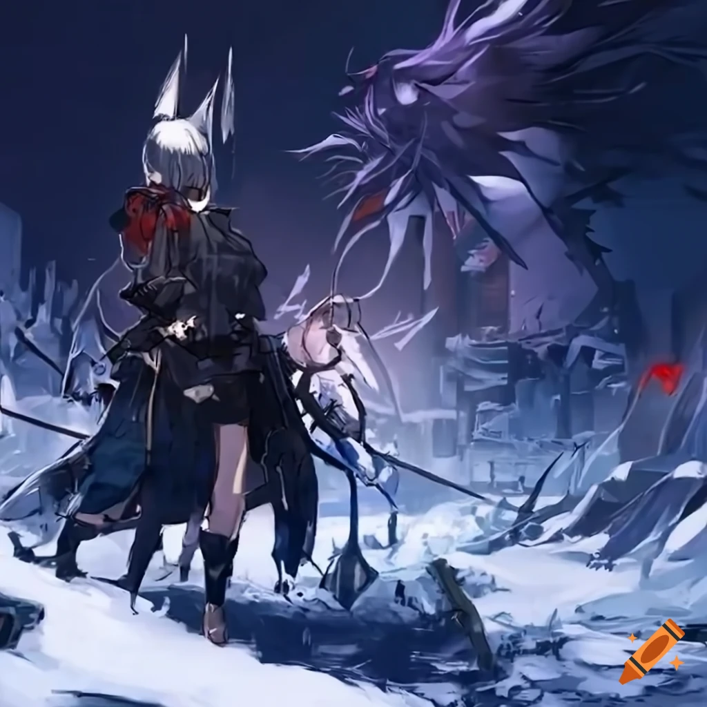 Intense battle in snowy arknights battlefield