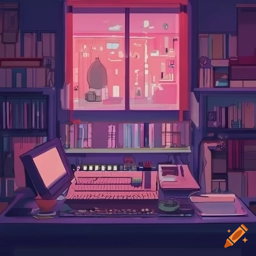 Vintage Japanese anime room with desk and artworks on Craiyon