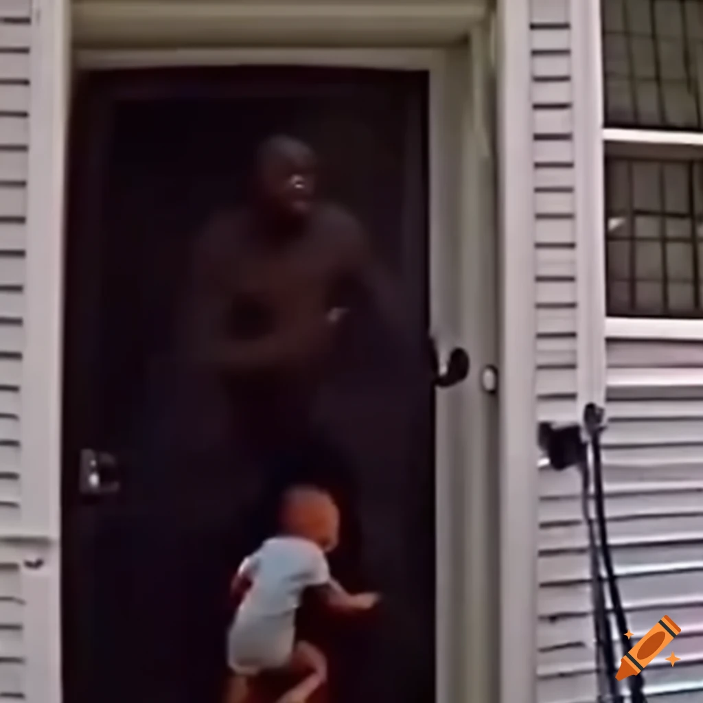 Security camera footage of a man chasing a child on Craiyon