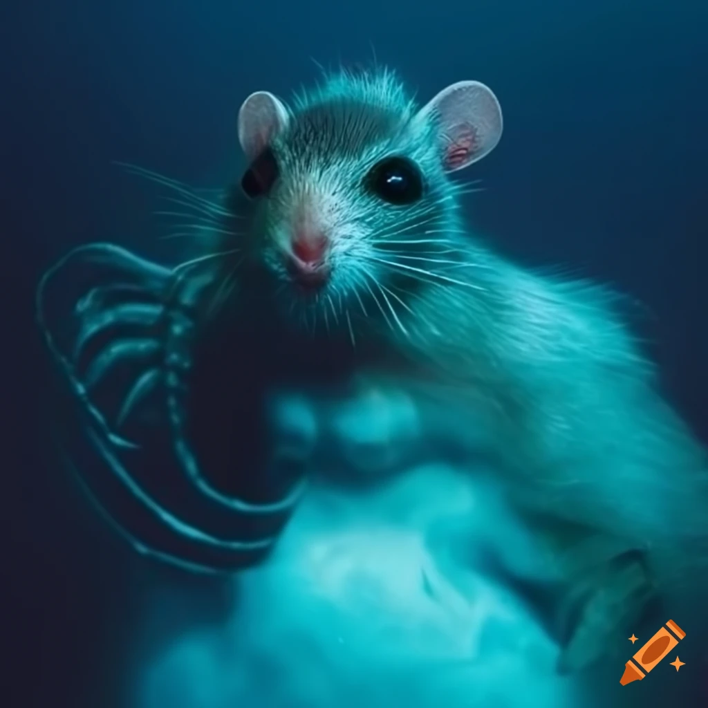 Illustration of a glowing-eyed rat God under a crystalline sea on Craiyon