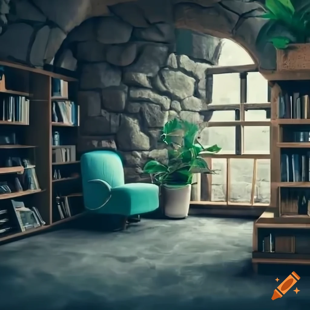 Cozy work office in a stone cave with bookshelves on Craiyon