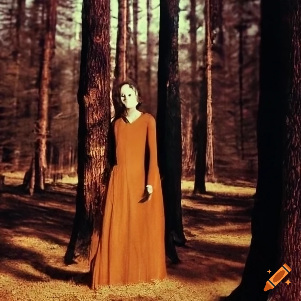 Witch standing among pine trees in analog photo on Craiyon