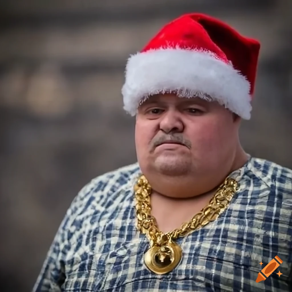 Funny image of a chubby man wearing santa's hat