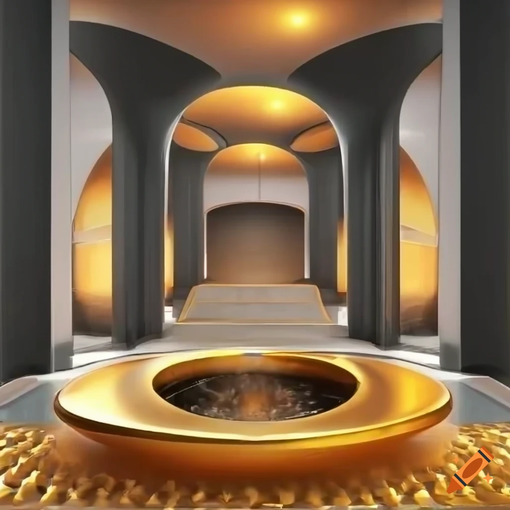 Surreal golden spa interior with curvy shapes and black and gold color ...