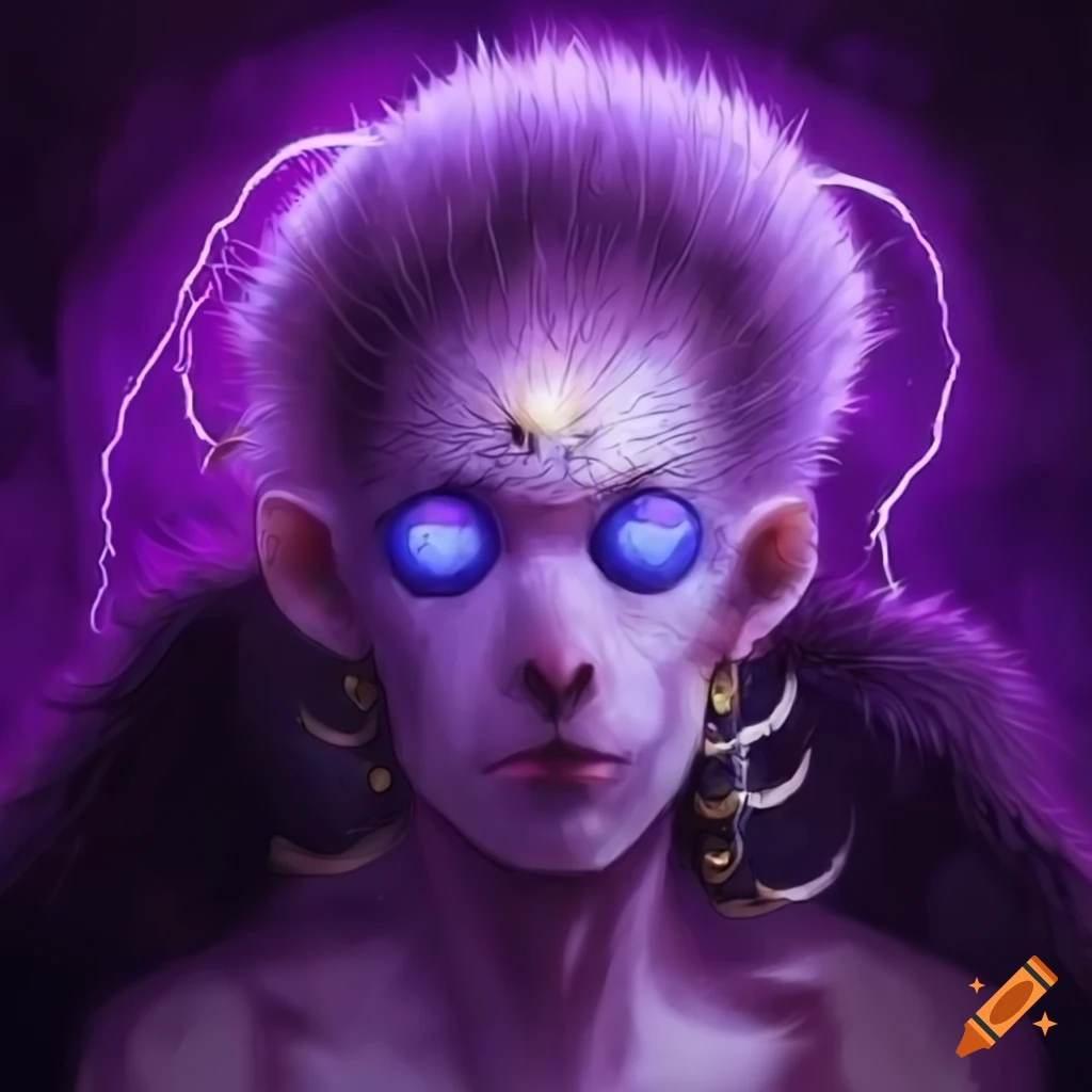 Art of a rat god with glowing eyes in a purple rain storm on Craiyon