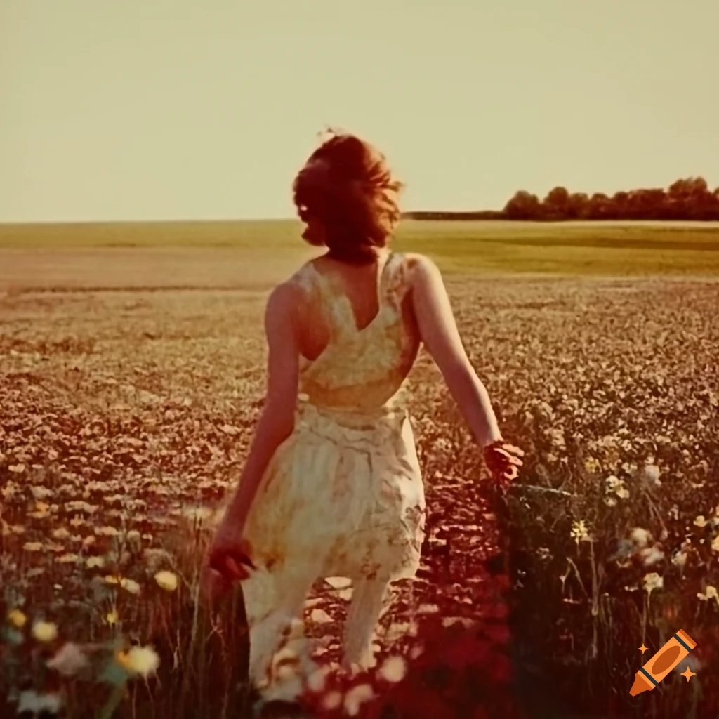 Vintage polaroid of a woman running through a flower field on Craiyon