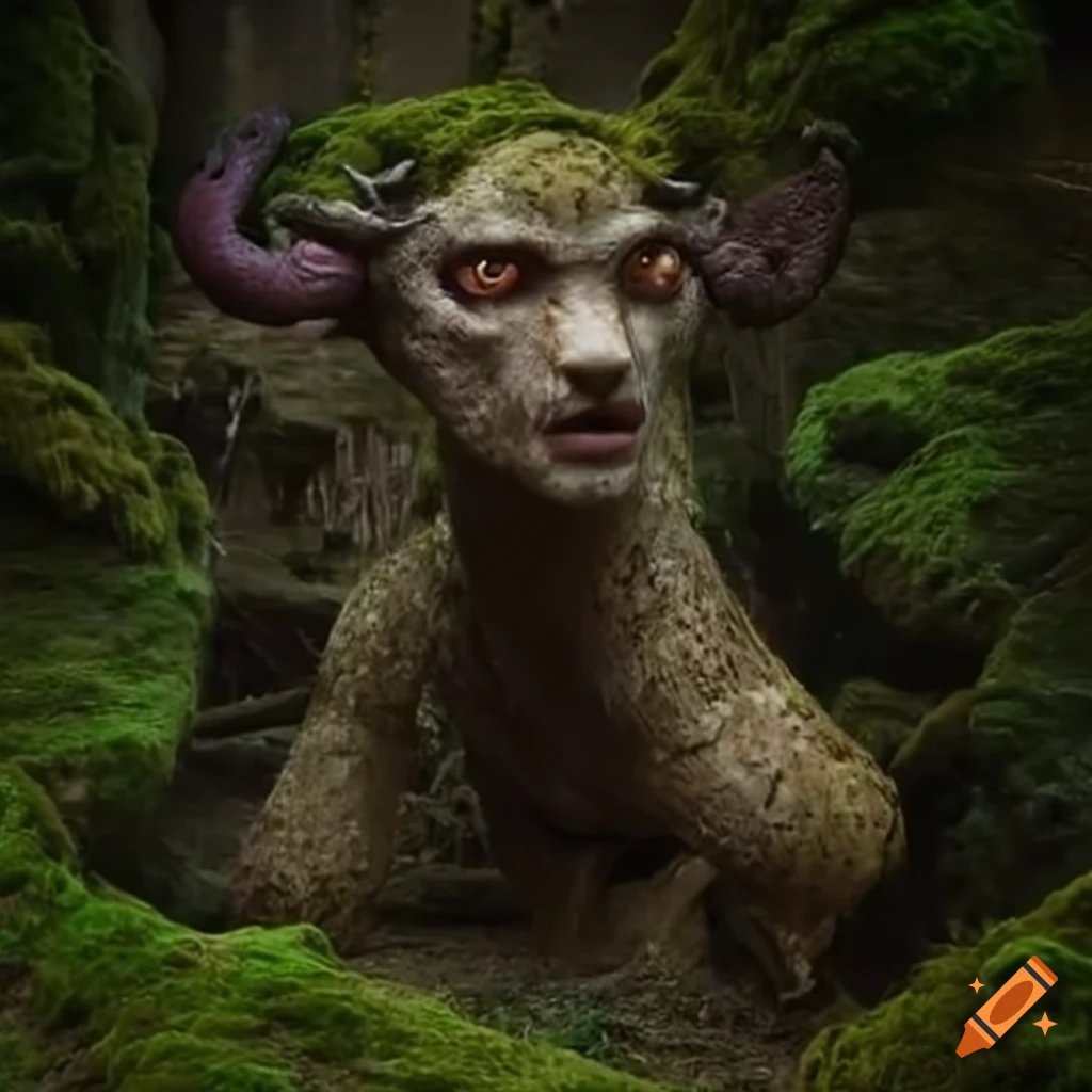 Illustration of horned creatures in mossy ruins on Craiyon