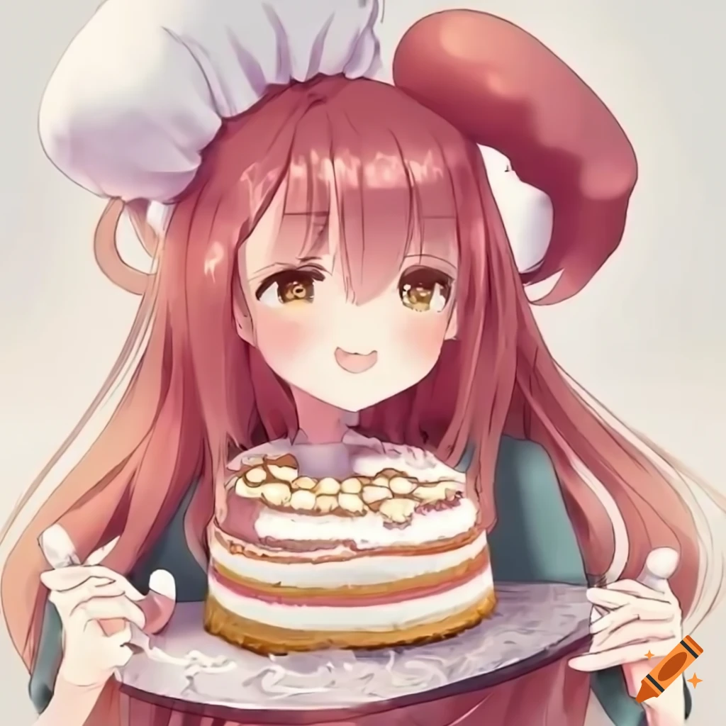 Anime girl decorating a cake with icing on Craiyon
