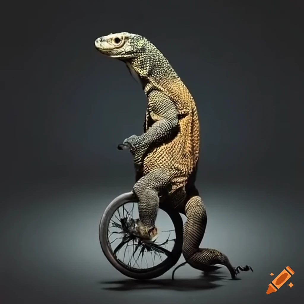 Humorous image of a Komodo dragon riding a unicycle on Craiyon