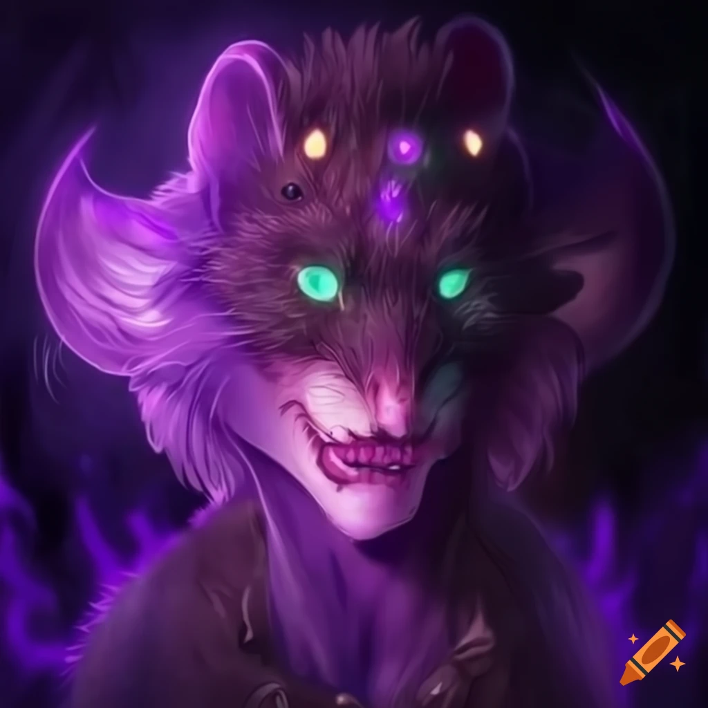 Art of a rat god with glowing eyes in a purple rain storm on Craiyon