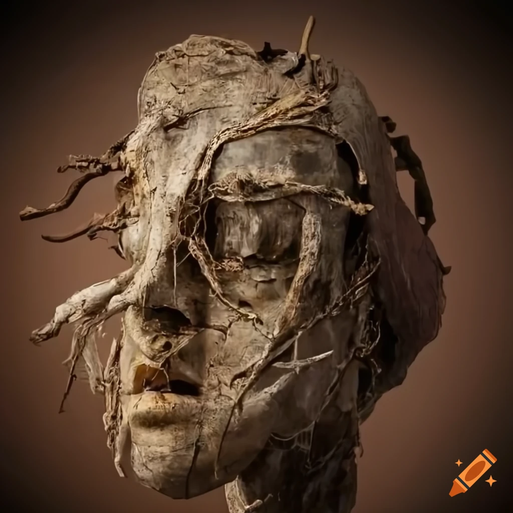 Close-up of a distorted figure caught in a web of branches and junk in ...