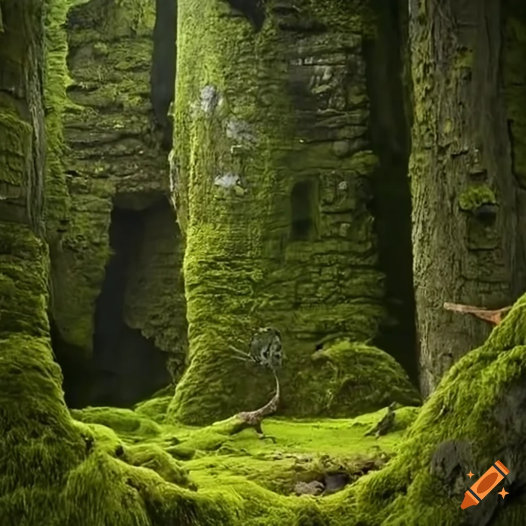 Image of mythical creatures in mossy ruins on Craiyon