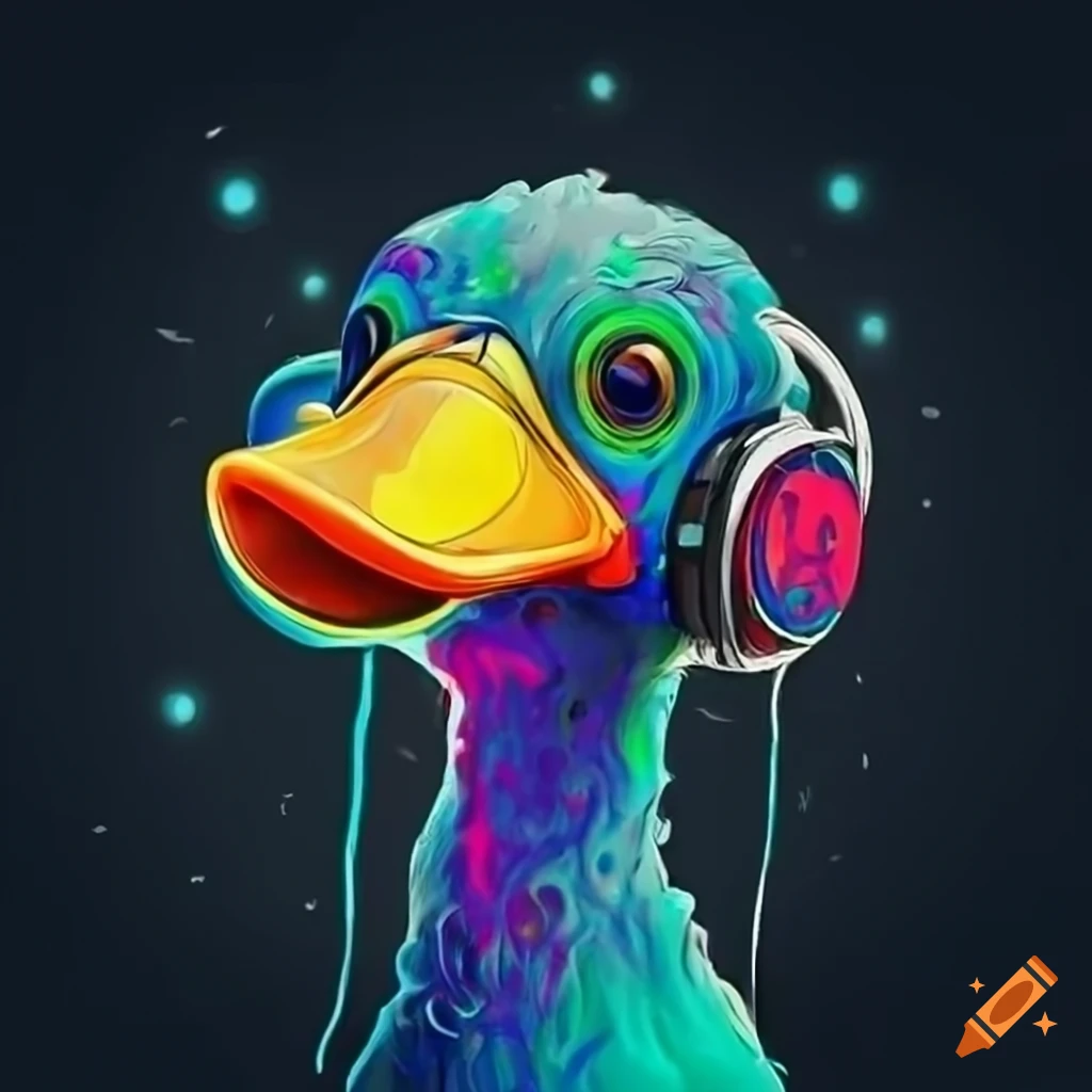 Psychedelic cartoon duck wearing DJ headphones on Craiyon