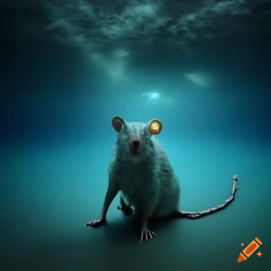 Illustration of a glowing-eyed rat God under a crystalline sea on Craiyon