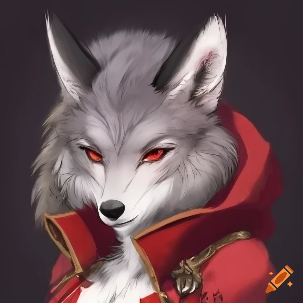 Illustration of a fluffy wolf with intense eyes in a red mage outfit on ...