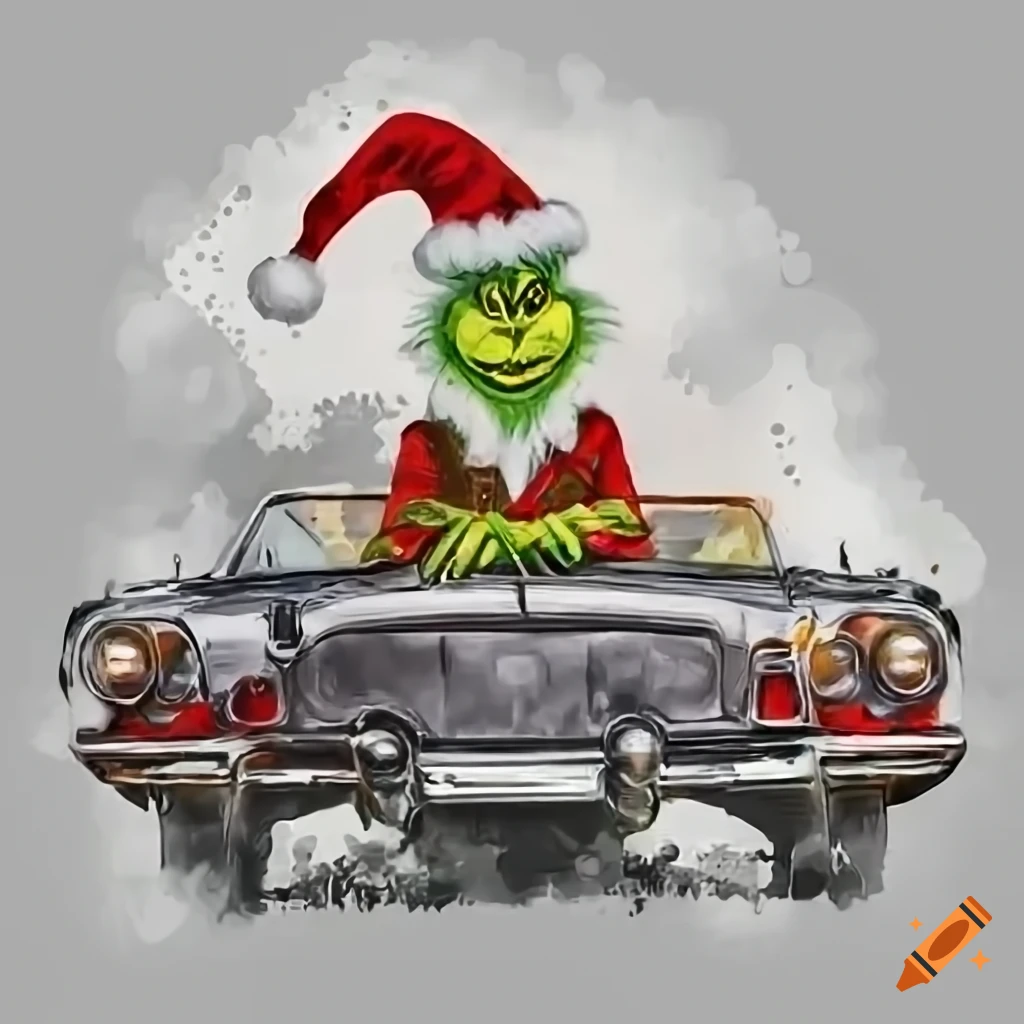 Festive grinch-like character in a vintage convertible car on Craiyon