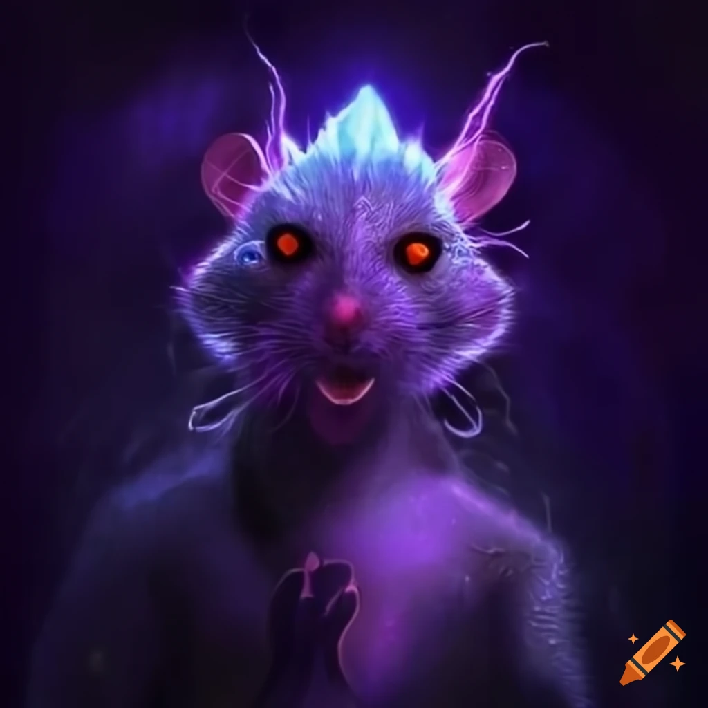 Art of a rat god with glowing eyes in a purple rain storm on Craiyon