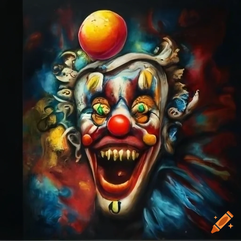 Surrealistic painting of a creepy circus clown with various objects on ...