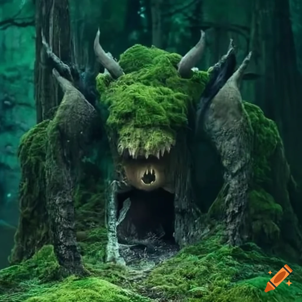 Illustration of horned creatures in mossy ruins on Craiyon