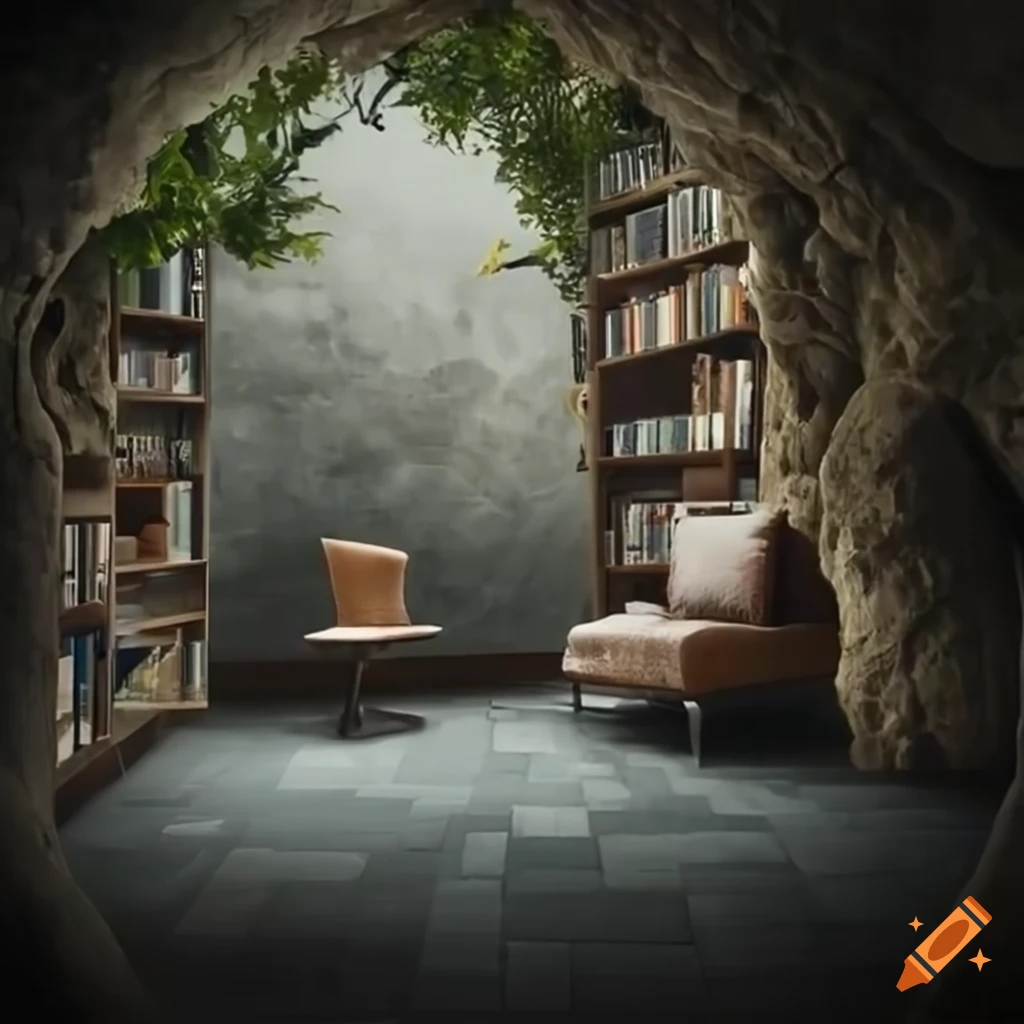 Cozy work office in a stone cave with bookshelves and plants on Craiyon