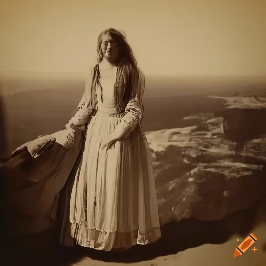 Antique photograph of a Prairie woman overlooking a western town on Craiyon