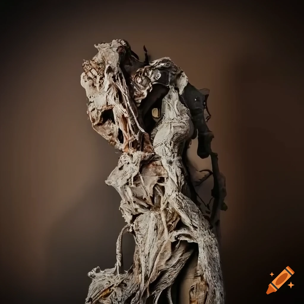 Detailed sculpture of distorted figures caught in a web on Craiyon