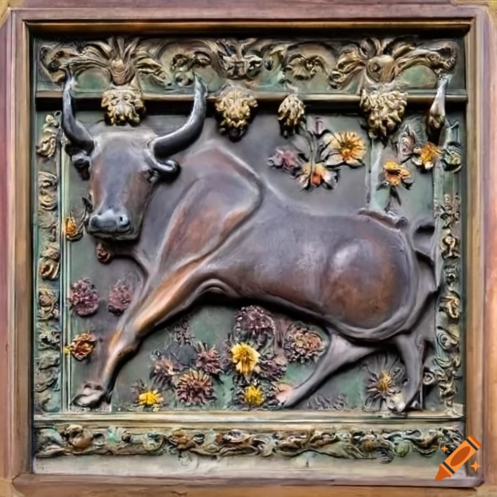 Bronze relief of a bull on a medieval wall on Craiyon