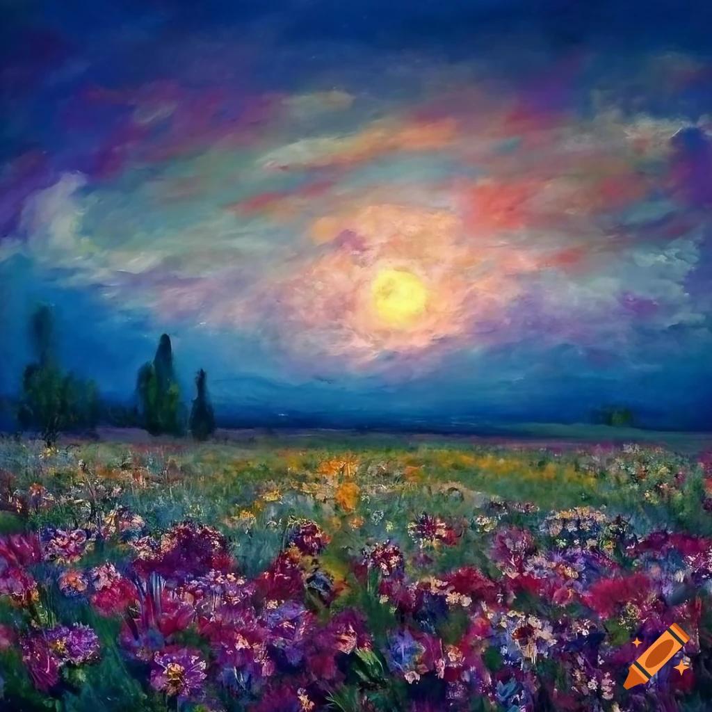 Monet-style painting of a moonlit flower field on Craiyon