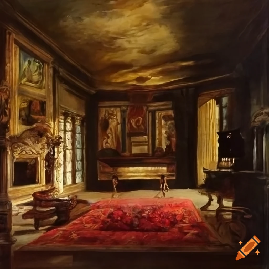 Interior of a medieval manor house with chandelier