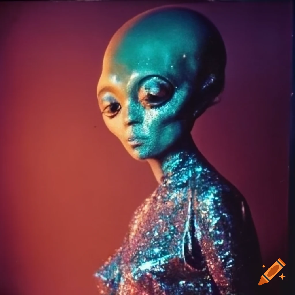 Alien woman in a glitter suit, vintage photo on Craiyon